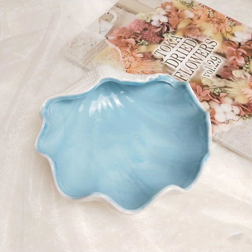 Garneck Shell Bowl Ceramic Seashell Shaped Dish Candy Nuts Fruits Serving Bowl Desktop Jewelry Sundries Tray Multiuse Storage Dish Blue