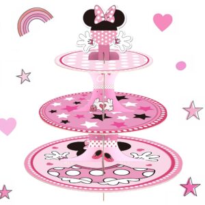 jouierty pink cupcake stand cartoon mouse cardboard dessert tower serving tray for kids girls birthday party decoration baby shower decor tea party cup cake holders display table decorate supplies