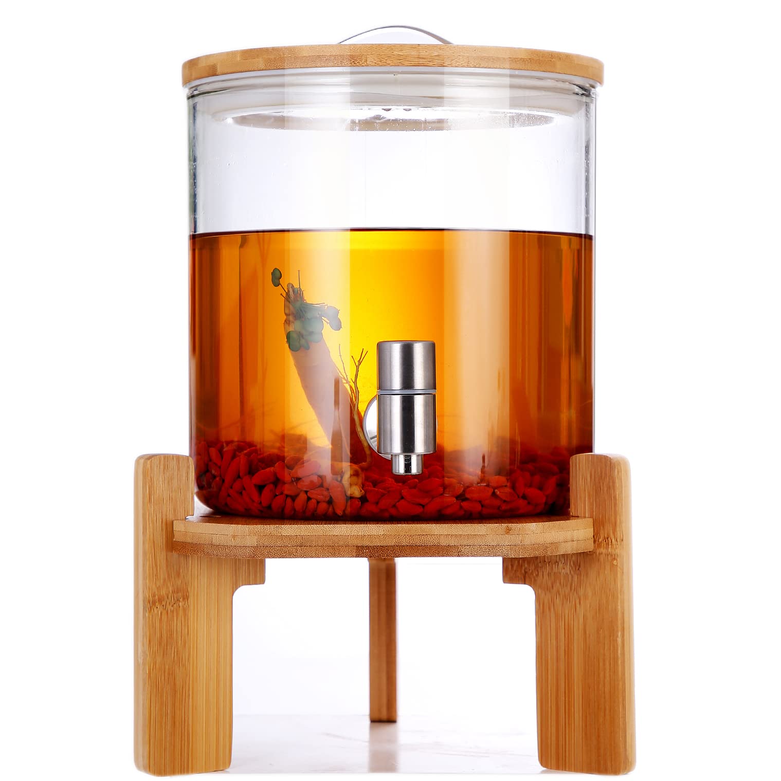 1.32 Gallon (5 L) Food Grade Borosilicate Glass Drink Dispenser, Beverage Dispenser With 304 Stainless Steel Faucet, Adjustable Exhaust Vent and Thermometer Air Tight Bamboo Lid, With Bamboo Stand