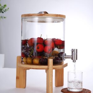 1.32 Gallon (5 L) Food Grade Borosilicate Glass Drink Dispenser, Beverage Dispenser With 304 Stainless Steel Faucet, Adjustable Exhaust Vent and Thermometer Air Tight Bamboo Lid, With Bamboo Stand