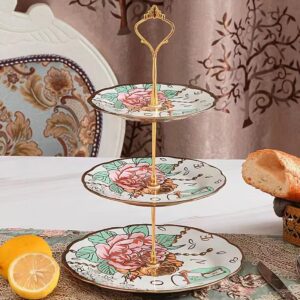 3 Tier Ceramic Vintage Cake Stand with Beautiful Classic Rose Pattern, Food Rack for Displaying Cake Platter