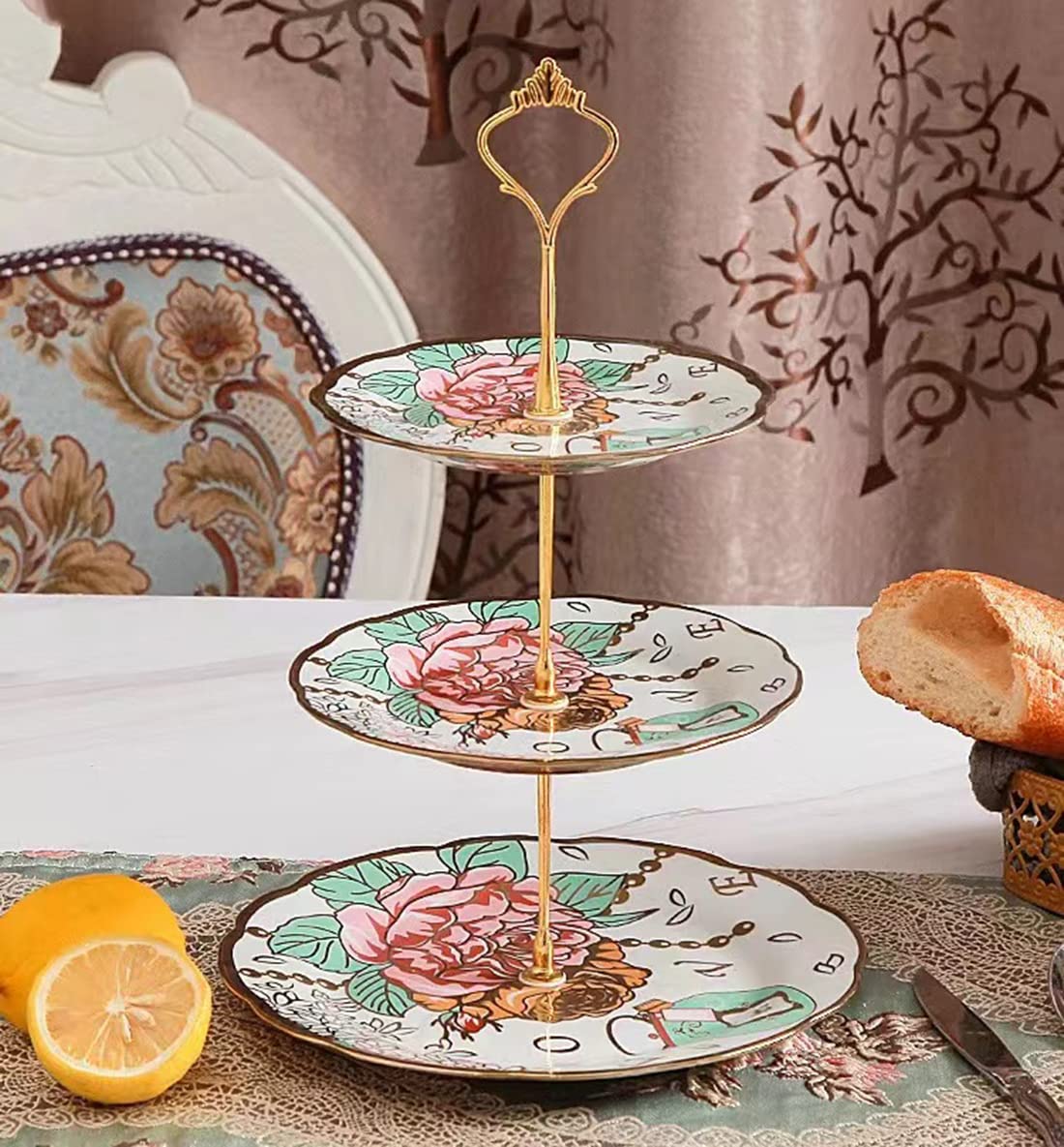 3 Tier Ceramic Vintage Cake Stand with Beautiful Classic Rose Pattern, Food Rack for Displaying Cake Platter