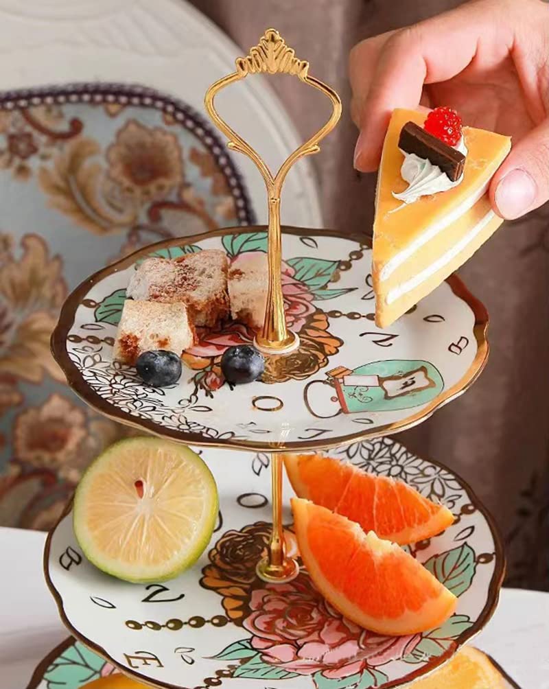 3 Tier Ceramic Vintage Cake Stand with Beautiful Classic Rose Pattern, Food Rack for Displaying Cake Platter