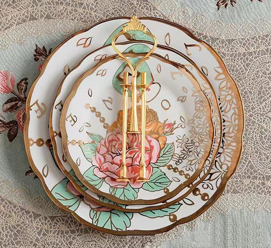 3 Tier Ceramic Vintage Cake Stand with Beautiful Classic Rose Pattern, Food Rack for Displaying Cake Platter