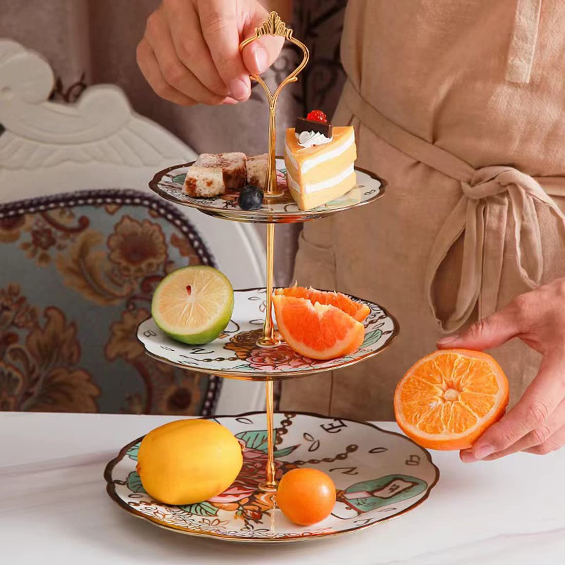 3 Tier Ceramic Vintage Cake Stand with Beautiful Classic Rose Pattern, Food Rack for Displaying Cake Platter