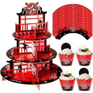 25 pcs ninja party decorations 3 tier ninja cupcake stand ninja birthday party supplies ninja cupcake wrapper ninja cupcake holder for boys birthday