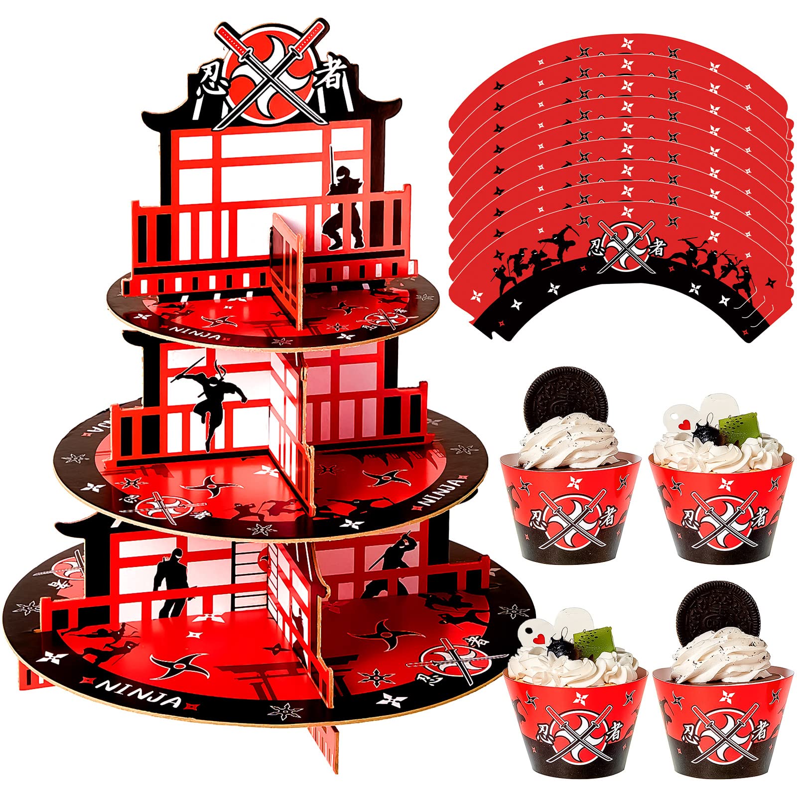 25 Pcs Ninja Party Decorations 3 Tier Ninja Cupcake Stand Ninja Birthday Party Supplies Ninja Cupcake Wrapper Ninja Cupcake Holder for Boys Birthday