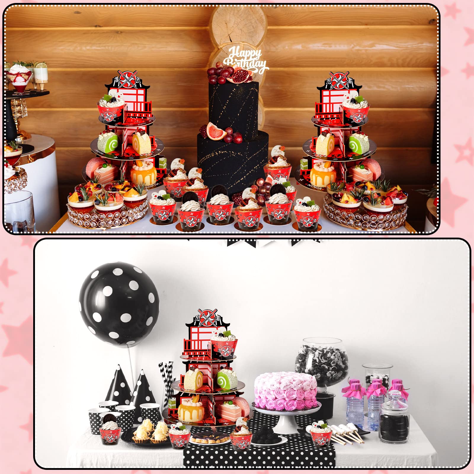 25 Pcs Ninja Party Decorations 3 Tier Ninja Cupcake Stand Ninja Birthday Party Supplies Ninja Cupcake Wrapper Ninja Cupcake Holder for Boys Birthday