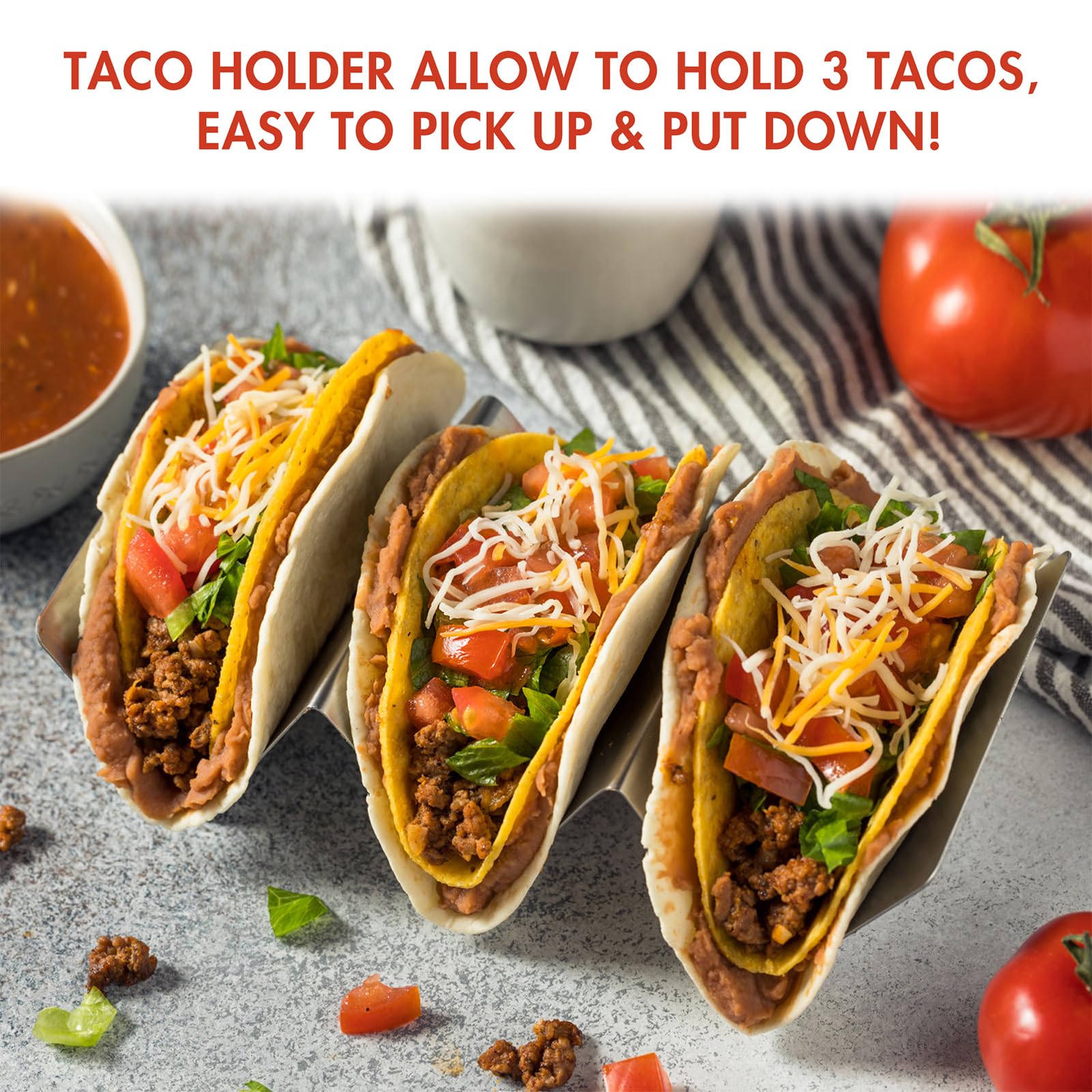 KORCCI Taco Holders Set of 4, Stainless Steel Taco Stand Shell Rack, Each Rack Holds Up to 3 Tacos. Taco Tray Plates for Taco Bar, Easy Serve Tacos. Oven and Grill Safe for Baking, Dishwasher