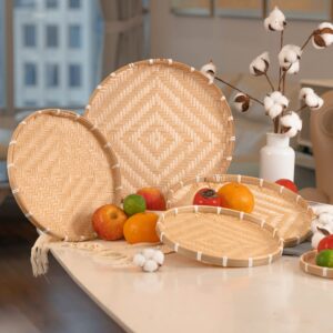 LiLaCraft Set 5 Handwoven Star-Patterned Bamboo Serving Trays, Decorative Flat Wicker Baskets for Food Storage, Fruit and Snacks Holder, Shallow Wicker Trays for Kitchen, Bedroom, Bathroom