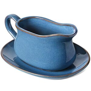 le tauci 17oz gravy boat with saucer stand, set of 1, ceramic sauce boat with tray for salad dressings, creamer, broth, black pepper, ceylon blue