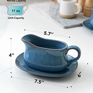 LE TAUCI 17oz Gravy Boat with Saucer Stand, Set of 1, Ceramic Sauce Boat with Tray for Salad Dressings, Creamer, Broth, Black Pepper, Ceylon blue