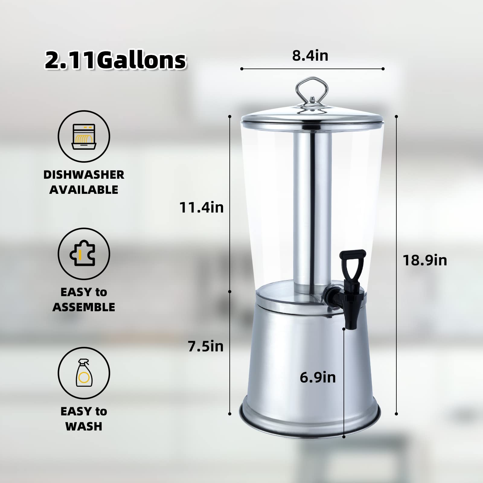 Cold and Hot Beverage Dispenser With Ice Container, 2.2 Gallon Stainless Steel Drink Dispensers Machine with Stand and Spigot for Hot Tea & Coffee, Cold Milk, Water, Juice, Beer