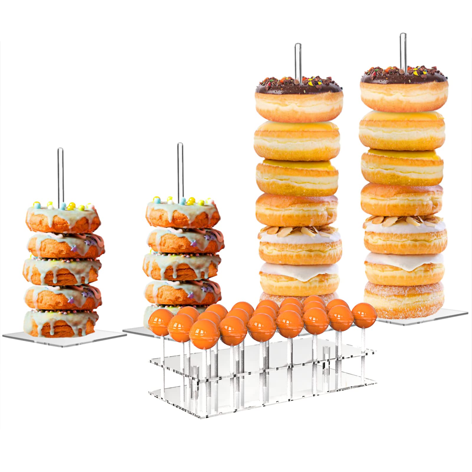 Donut Stands and Cake Pop Stand Kit, Clear Acrylic Stand,1 pcs 21Holes Lollipop Holder and 4 Pcs Donut Holders for Weddings Baby Showers Birthday Parties Anniversaries Halloween Candy Decorative