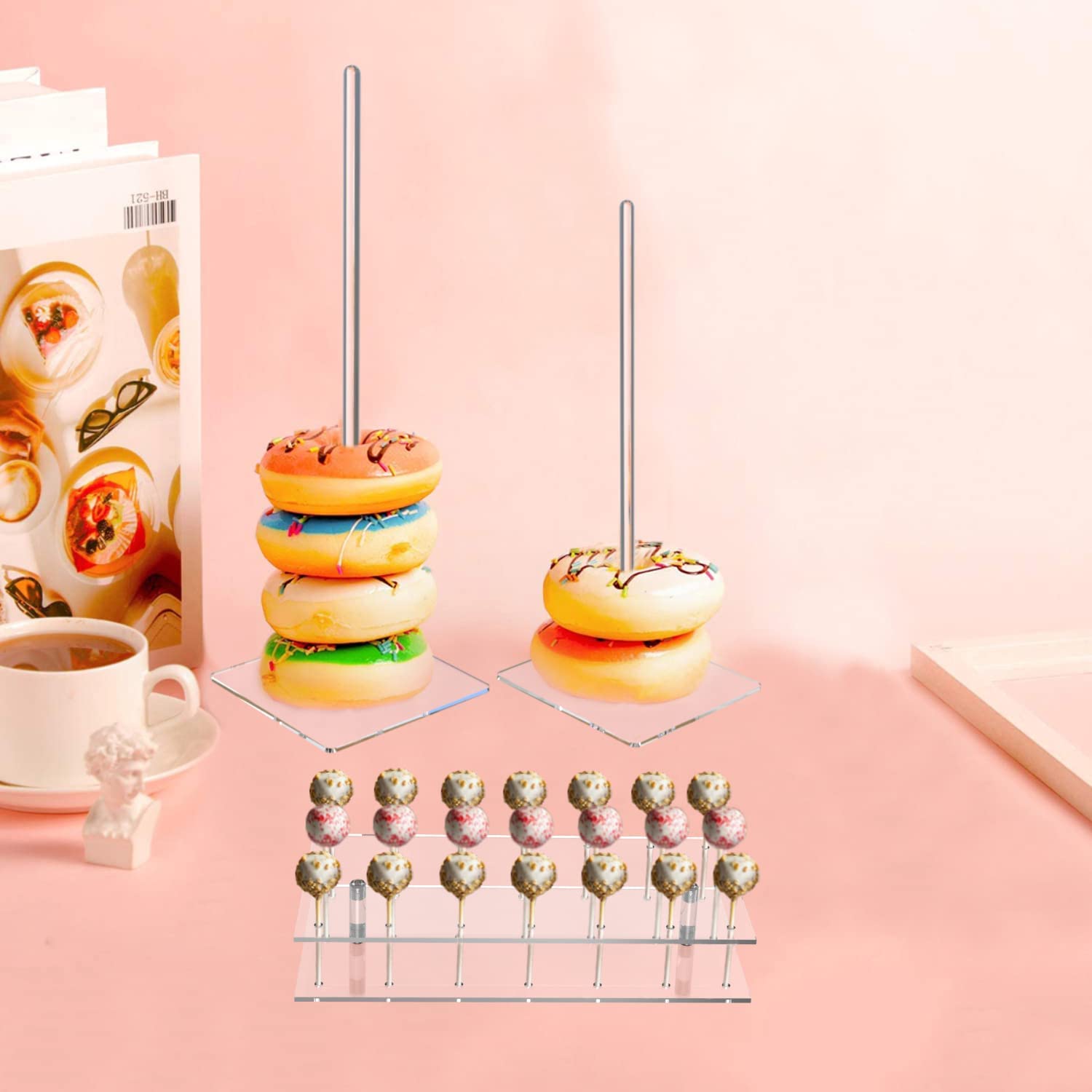 Donut Stands and Cake Pop Stand Kit, Clear Acrylic Stand,1 pcs 21Holes Lollipop Holder and 4 Pcs Donut Holders for Weddings Baby Showers Birthday Parties Anniversaries Halloween Candy Decorative