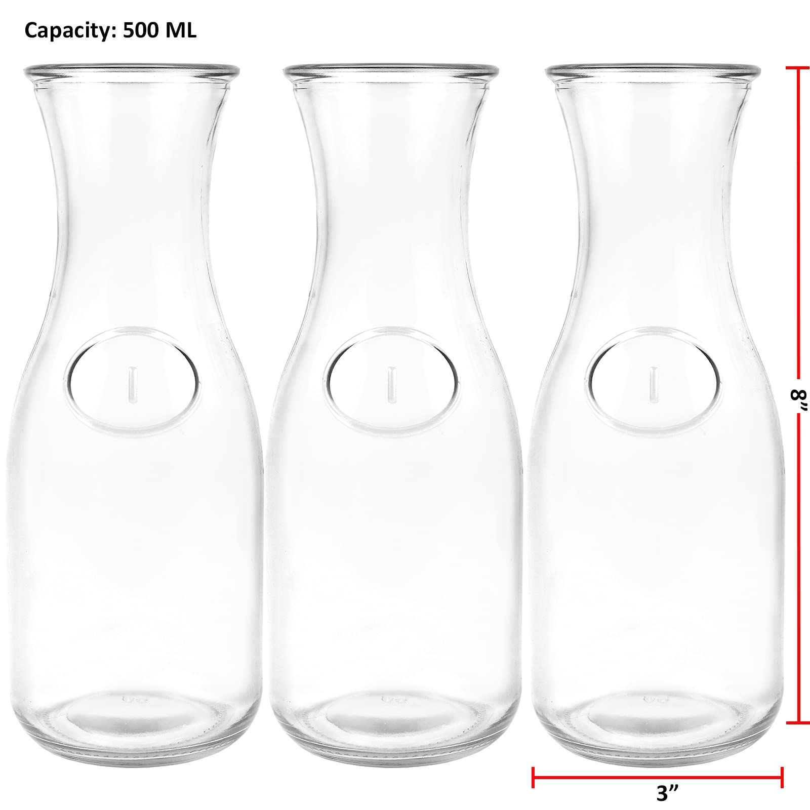 Glass Carafe 17 oz. Water Decanter, Juice Pitcher | Ideal for Wine, Milk, Juice & Mimosa Bar [Set of 3]