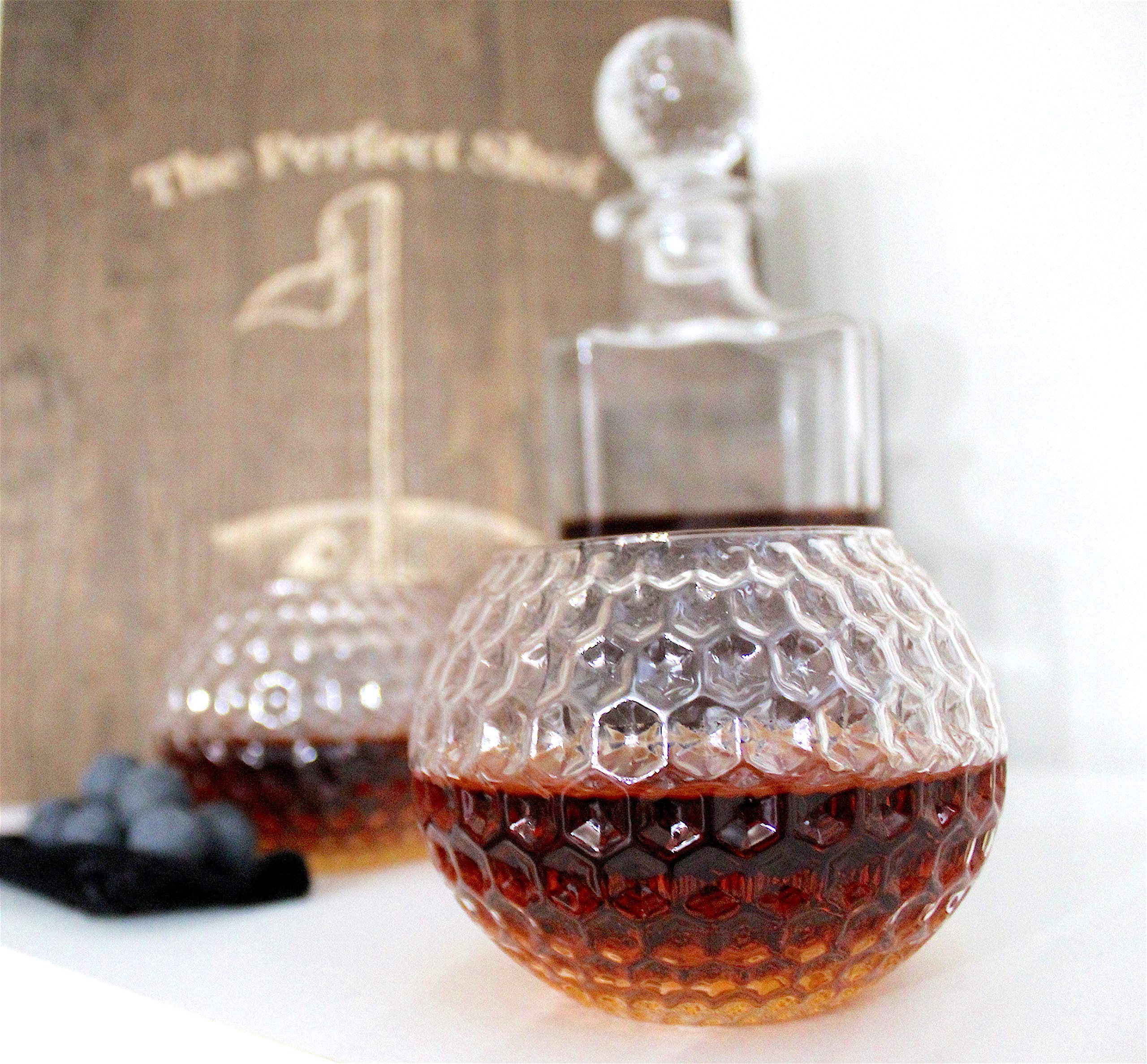 Golf Ball Whiskey Glass and Decanter Set by The Perfect Shot Whiskey Co. | Perfect Golf Gift Decanter Gift Set | Decanter, 2 Golf Ball Whiskey Glass, 8 Whiskey Stones and Gift Box