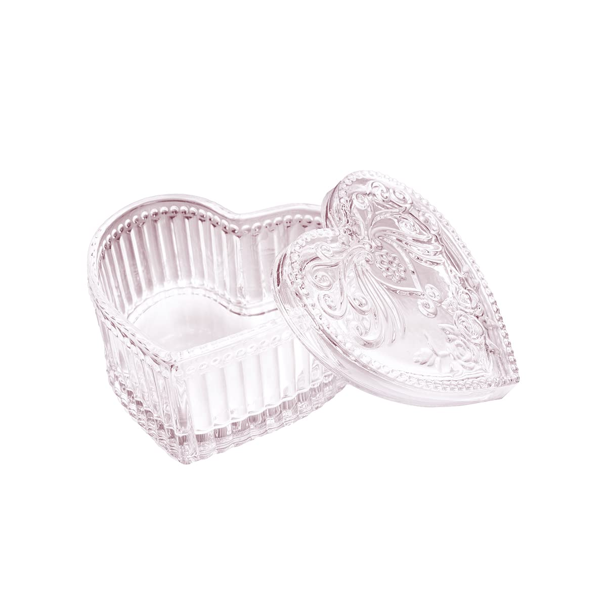 Zumllex Elegant Embossed Heart-Shaped Pink Crystal Glass Candy Box with Lid Food Jewelry Box Storage Jar