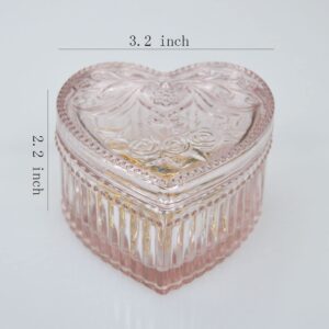 Zumllex Elegant Embossed Heart-Shaped Pink Crystal Glass Candy Box with Lid Food Jewelry Box Storage Jar