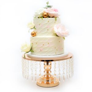 12" gold round metal pedestal cake serving stand with crystal pendants, dessert cupcake pastry candy display plate with hanging acrylic crystals for wedding event, birthday party(gold, 12 inch)