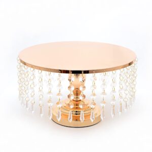 12" Gold Round Metal Pedestal Cake Serving Stand with Crystal Pendants, Dessert Cupcake Pastry Candy Display Plate with Hanging Acrylic Crystals for Wedding Event, Birthday Party(Gold, 12 Inch)