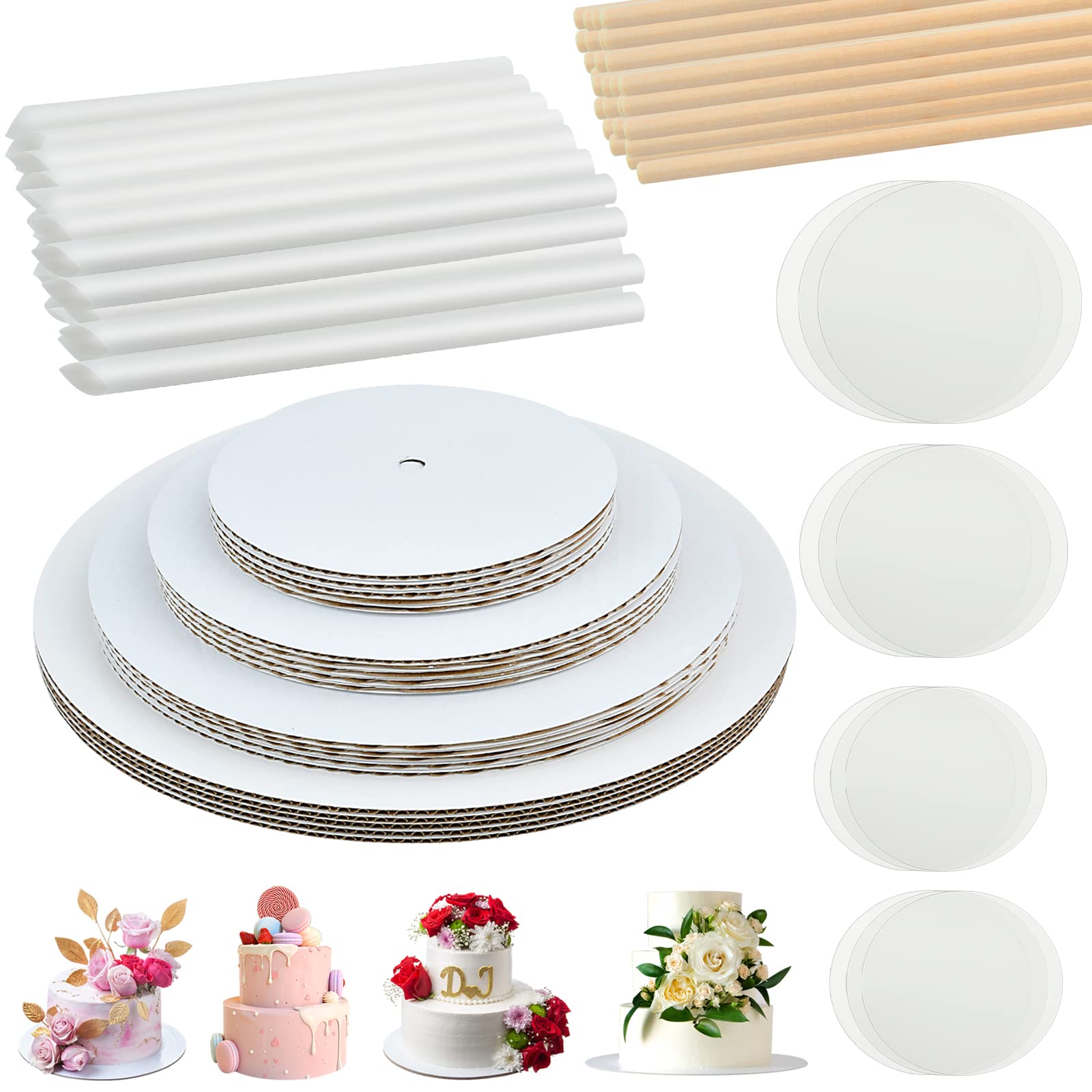 Worldity 230PCS Cake Boards Tiering Kit, 12 Inch,10 Inch, 8 Inch, 6 Inch Cake Cardboard Rounds, Parchment Paper Rounds, Wooden Dowels and Straw Dowels, Cake Plates for Wedding Birthday Party