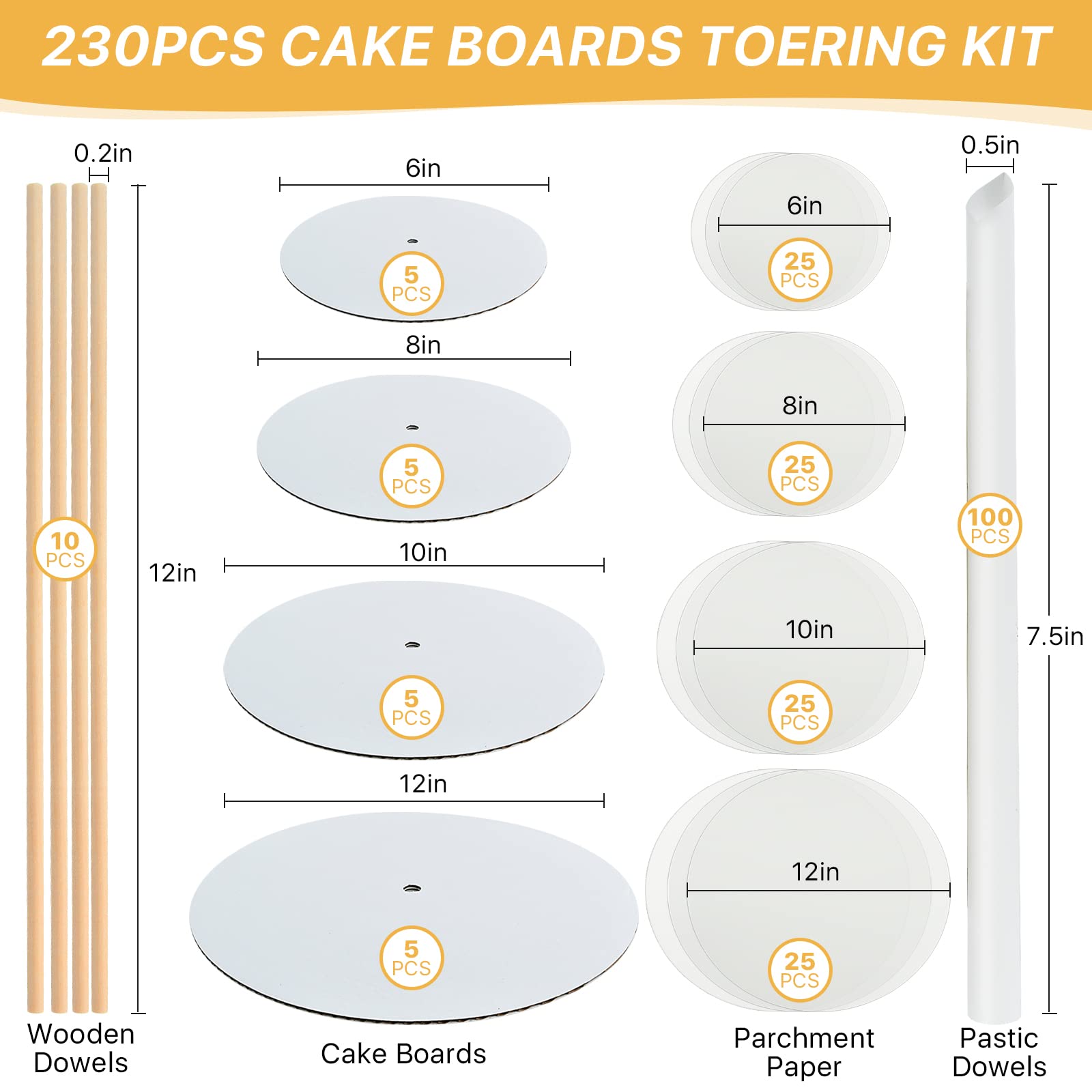 Worldity 230PCS Cake Boards Tiering Kit, 12 Inch,10 Inch, 8 Inch, 6 Inch Cake Cardboard Rounds, Parchment Paper Rounds, Wooden Dowels and Straw Dowels, Cake Plates for Wedding Birthday Party