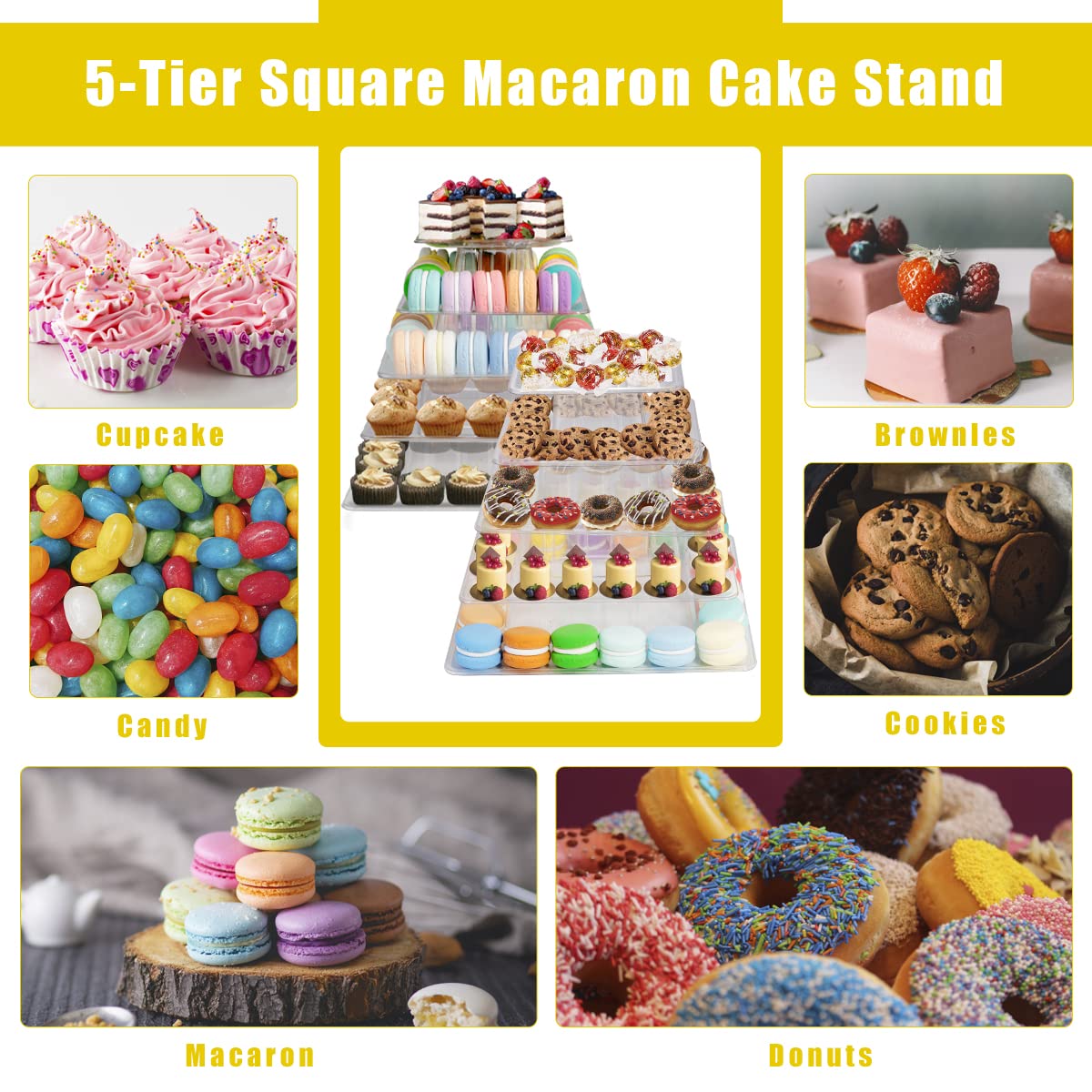 5 -Tier Macaron Tower Stand, Square Tiered Dessert Cake Display Stand Serving Tray for Birthday Party,Wedding,Baby Shower, French Macarons, Bakery Decor -Transparent