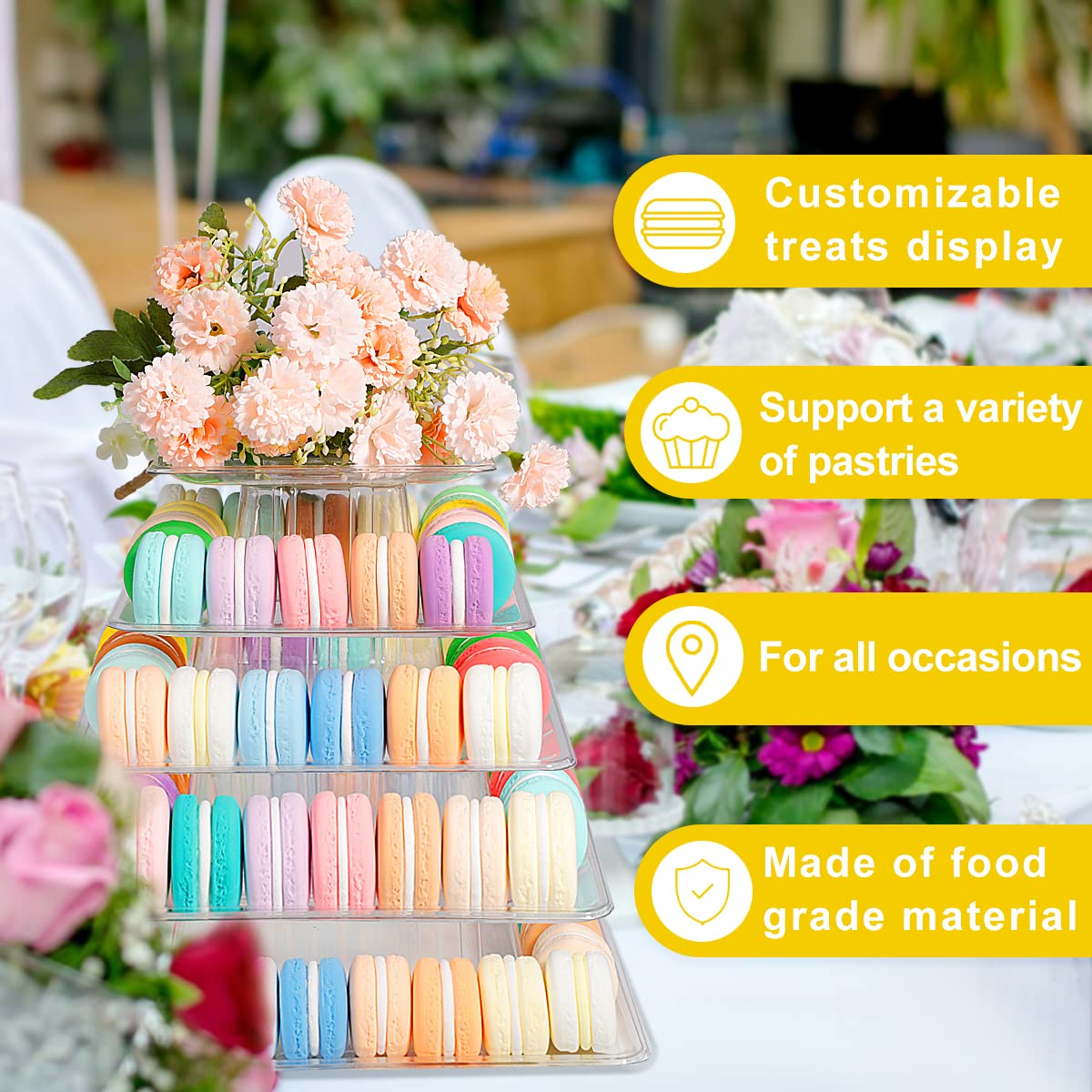 5 -Tier Macaron Tower Stand, Square Tiered Dessert Cake Display Stand Serving Tray for Birthday Party,Wedding,Baby Shower, French Macarons, Bakery Decor -Transparent