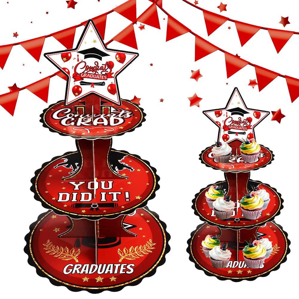 ALIBBON Graduation Cupcake Stand, 3 Tier Round Cardboard Cake Stand Tower, Class of 2023 Red Dessert Stand Holder, Graduation Cupcake Serving Tray, Congrats Grad Graduation Party Supplies Decoration