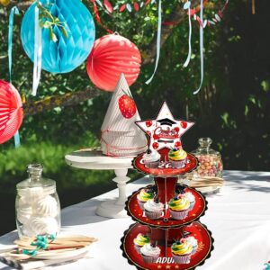 ALIBBON Graduation Cupcake Stand, 3 Tier Round Cardboard Cake Stand Tower, Class of 2023 Red Dessert Stand Holder, Graduation Cupcake Serving Tray, Congrats Grad Graduation Party Supplies Decoration