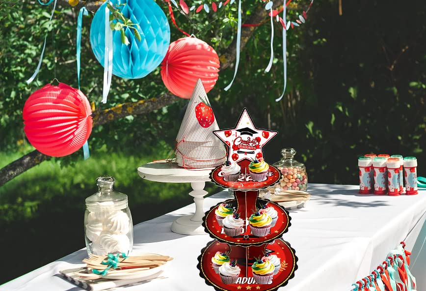 ALIBBON Graduation Cupcake Stand, 3 Tier Round Cardboard Cake Stand Tower, Class of 2023 Red Dessert Stand Holder, Graduation Cupcake Serving Tray, Congrats Grad Graduation Party Supplies Decoration