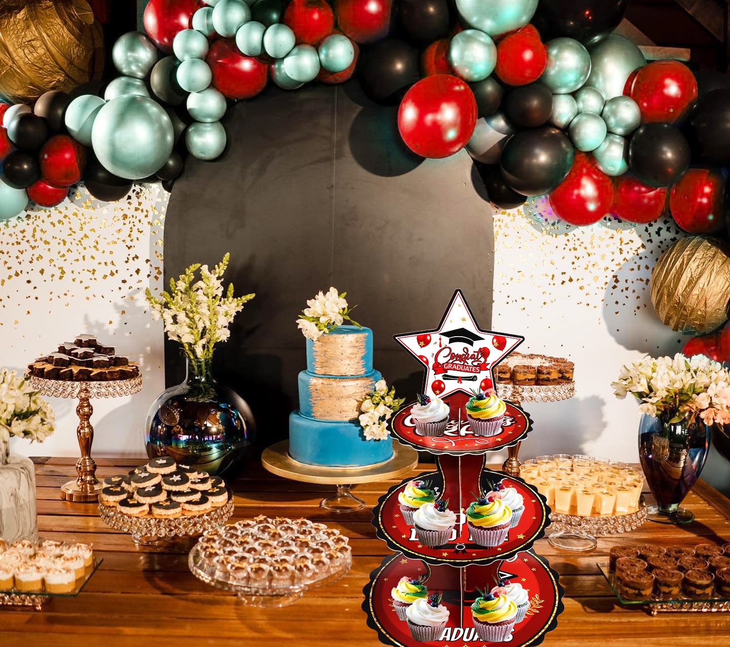 ALIBBON Graduation Cupcake Stand, 3 Tier Round Cardboard Cake Stand Tower, Class of 2023 Red Dessert Stand Holder, Graduation Cupcake Serving Tray, Congrats Grad Graduation Party Supplies Decoration