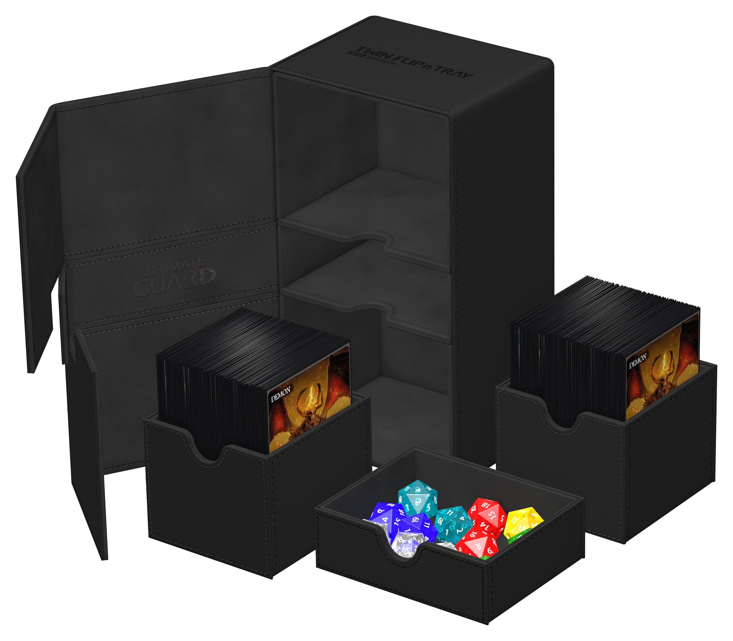 Ultimate Guard Flip 'n' Tray 200+, Deck Case for 200 Double-Sleeved TCG Cards + Dice Tray, Black, Independent Magnetic Closure & Microfiber Lining