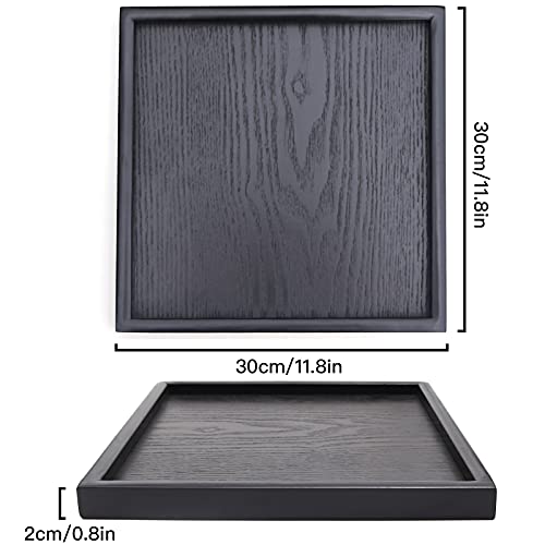 Solid Wood Serving Tray, Square Non-Slip Tea Coffee Snack Plate, Serving Tray with Raised Edges, for Home Kitchen Restaurant(11.8x11.8 inch, Black)