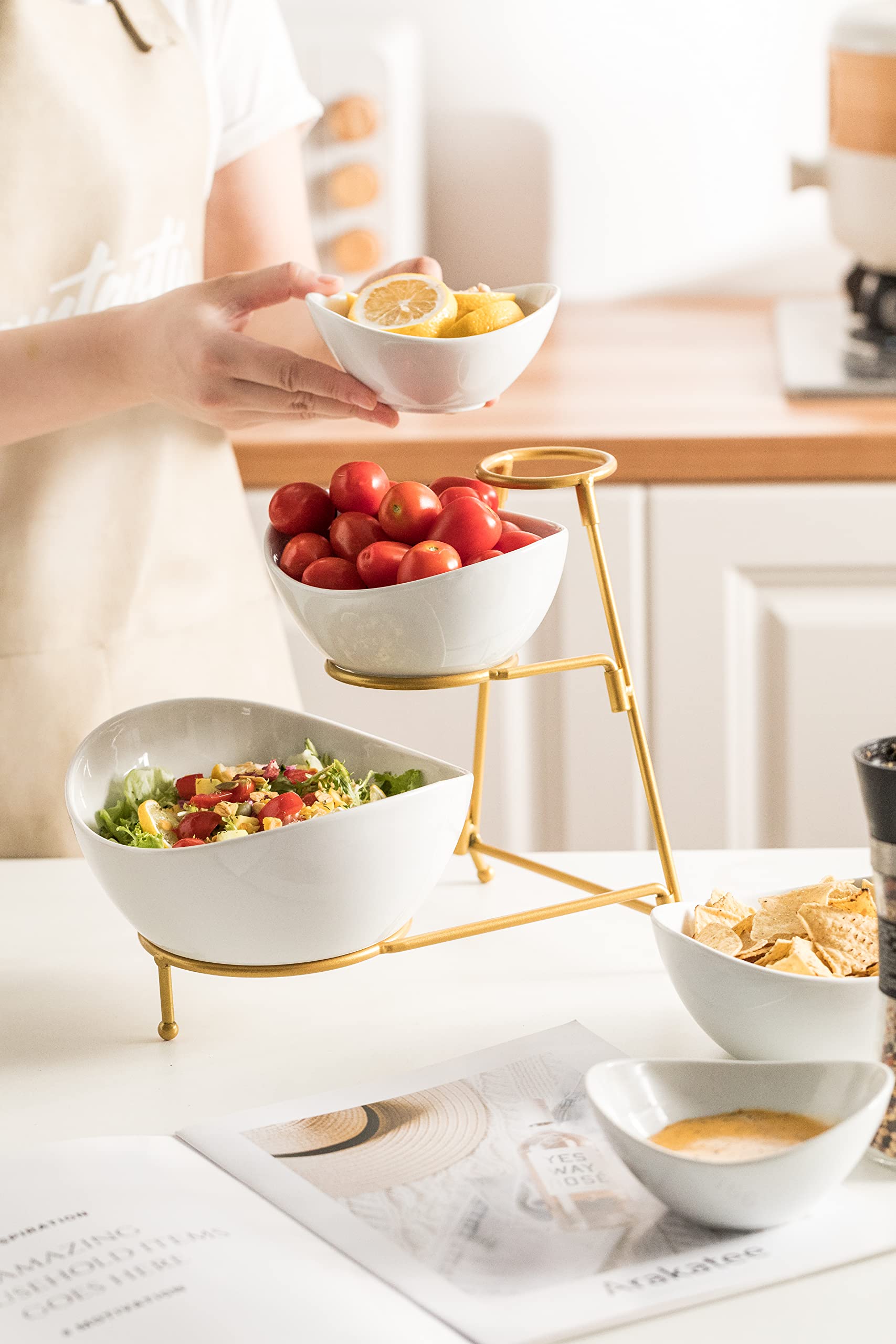 LAUCHUH 3 Tier Serving Stand with Porcelain Bowls, Oval Shape, Ideal for Food Presentation, Dishwasher Safe