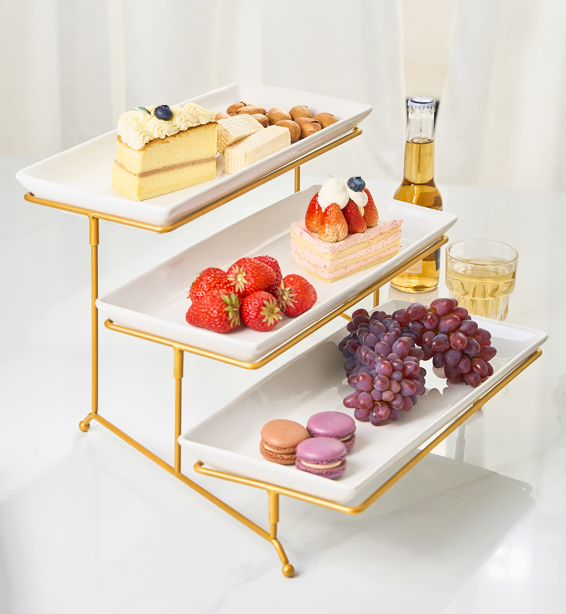 LAUCHUH 3 Tier Serving Stand with Porcelain Bowls, Oval Shape, Ideal for Food Presentation, Dishwasher Safe