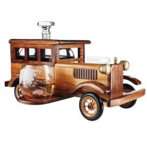 old fashioned car whiskey decanter set, very large 15" x 13" x 7" 750ml decanter spigot, and 2-10oz whiskey tumbler old fashion glasses, old fashioned vintage car, limited edition, great bar gift!