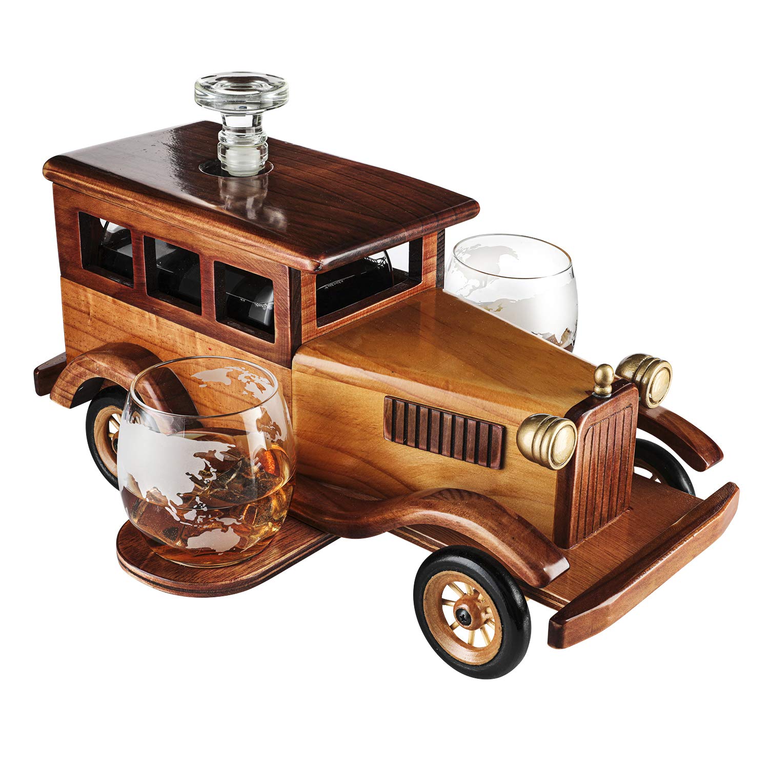 Old Fashioned Car Whiskey Decanter Set, Very Large 15" x 13" x 7" 750ml Decanter Spigot, and 2-10oz Whiskey Tumbler Old Fashion Glasses, Old Fashioned Vintage Car, Limited Edition, Great Bar Gift!