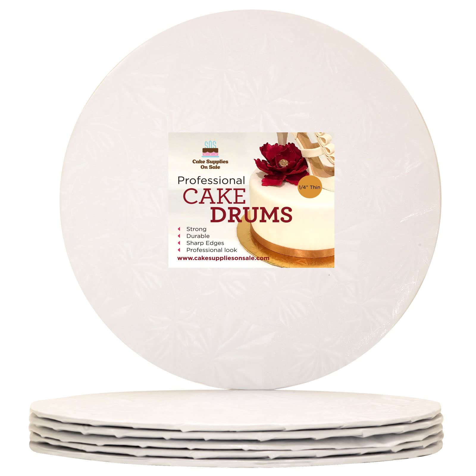 14 inch White Round Thin Sturdy Cake Board Drums for Displaying Cakes, 1/4 inch Thick, (6 Count)