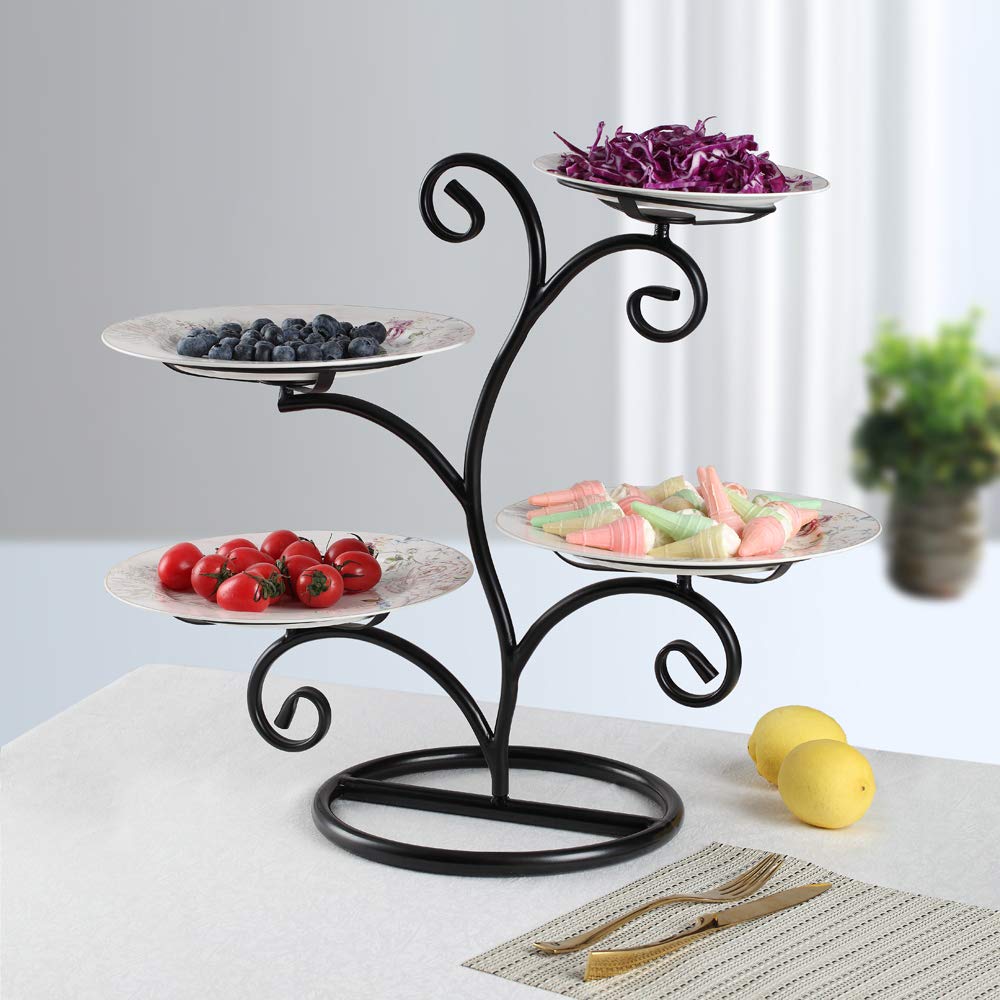 GuangYang Four Tier Tree Stand Display Serving Platter, Multi-Tier Cake Tray Stand, Food Server Display Plate Rack, Black Frame