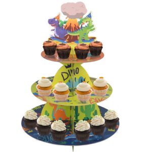 yhomu 3-tier dinosaur cupcake stand, dinosaur themed birthday party decorations, sturdy cardboard cake holder, round dessert display tower, stable serving stand for weddings, birthdays, parties