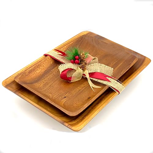 Wrightmart Wooden Trays, Set of 2, Decorative Rustic Food, Fruit, and Snack, Charcuterie-Appetizer Servers – Perfect Kitchen, Ottoman or Coffee Table Trays, Made from Acacia Wood