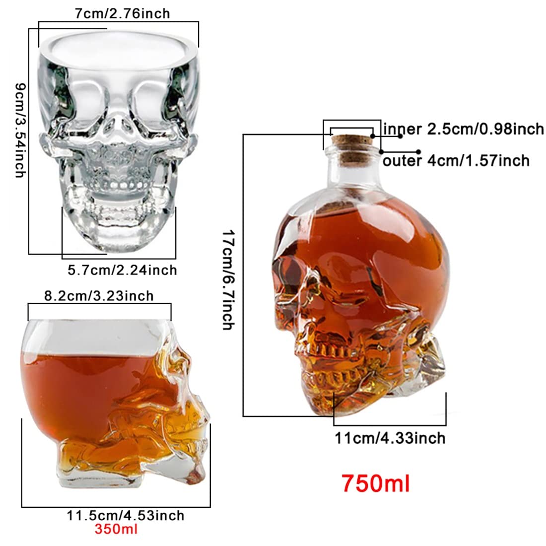 Glass Skull Decanter,750 ML Whiskey Skull Decanter Set with 2 Skull 3 oz Glasses for Halloween Themed Party, Personalized Drinking Cup for Cocktail Wine Vodka As a Skull Gifts