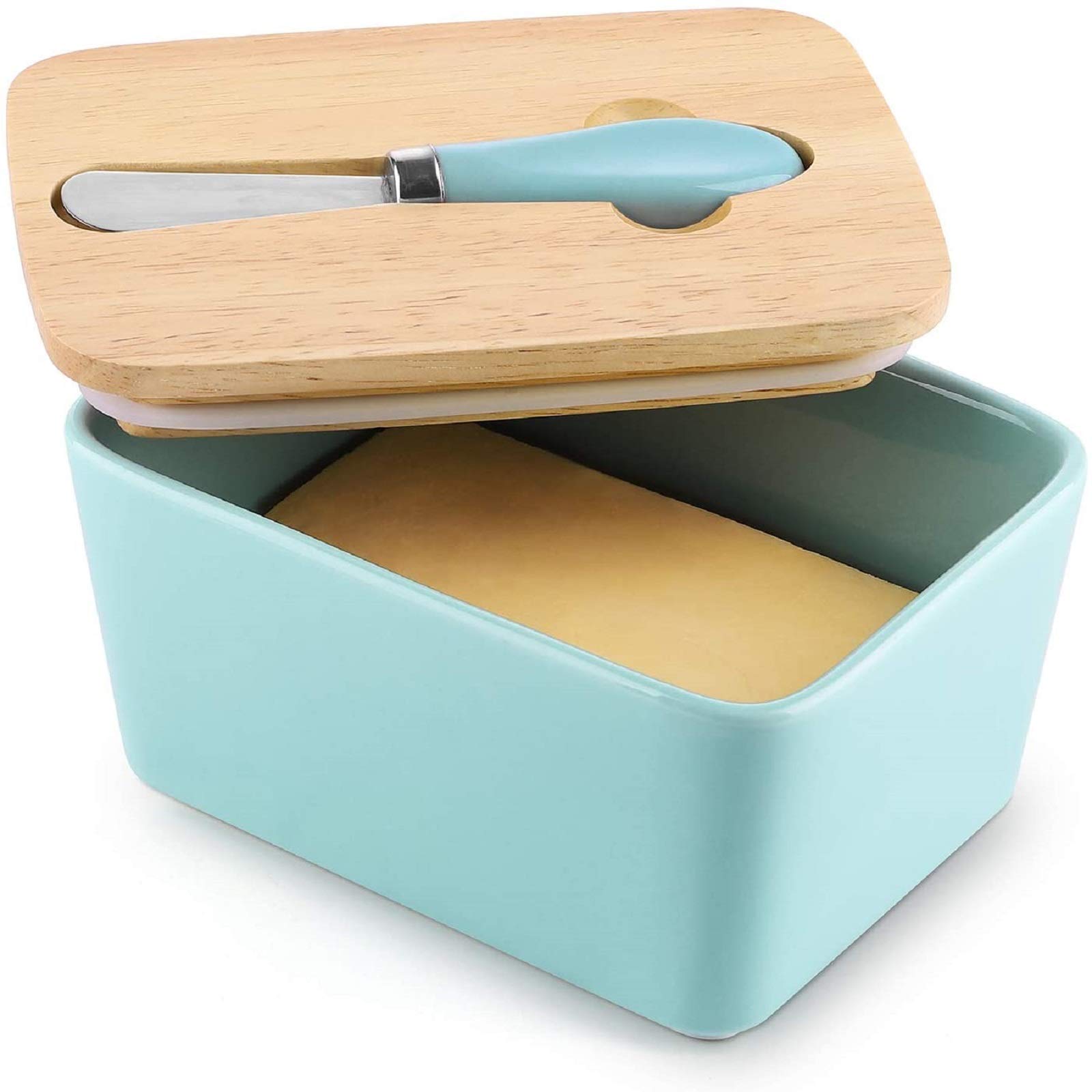 DOWAN Large Butter Dish with Knife - Butter Keeper Container with Lid, High- quality Silicone Sealing Butter Dishes Perfect for 2 Sticks of Butter West or East Coast Butter, Blue