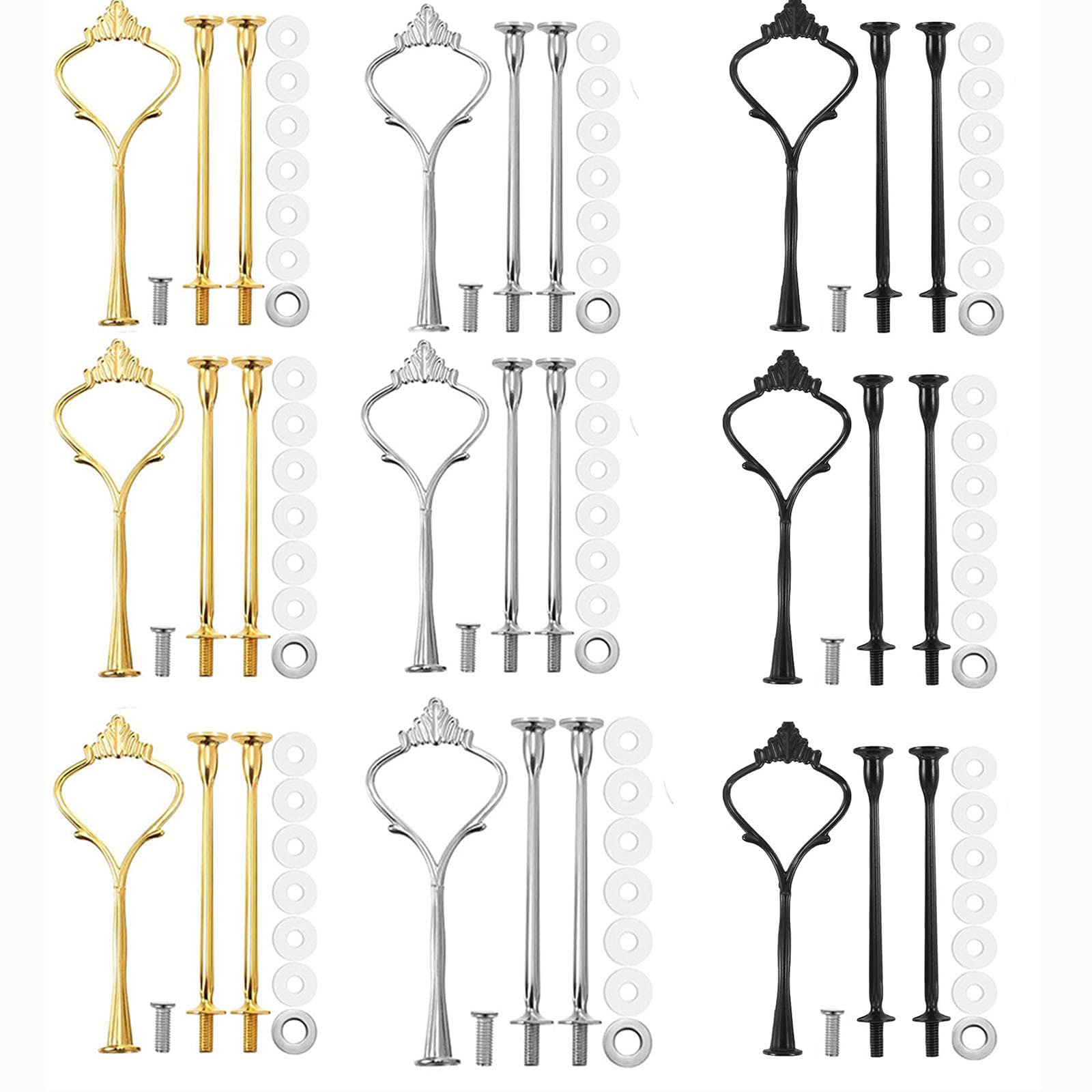 9 Set Cake Stand Hardware, Fittings for Cake Stand Mold Crown 3Tier Cake Stand Fittings Hardware Holder for Afternoon Tea Cake Dessert Fruit, Wedding and Party Tray Cupcake (Gold, Silver, Black)