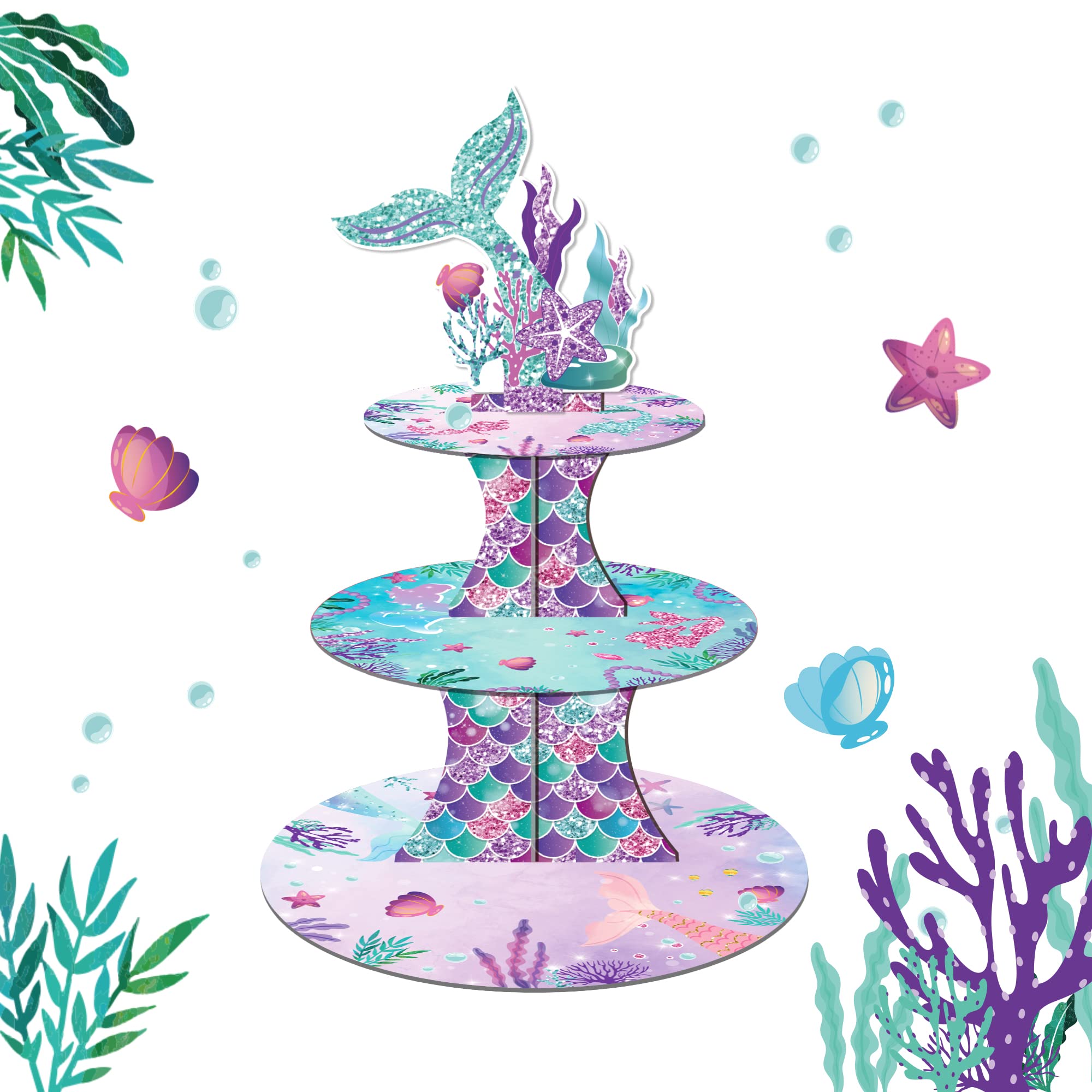 Mermaid Cupcake Stand, 3 Tier Birthday Party Cupcake Stand, Party Decoration Surprise, Birthday Party Decorations for Girls Kids, Baby Shower Party Voorpleasy