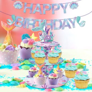 Mermaid Cupcake Stand, 3 Tier Birthday Party Cupcake Stand, Party Decoration Surprise, Birthday Party Decorations for Girls Kids, Baby Shower Party Voorpleasy