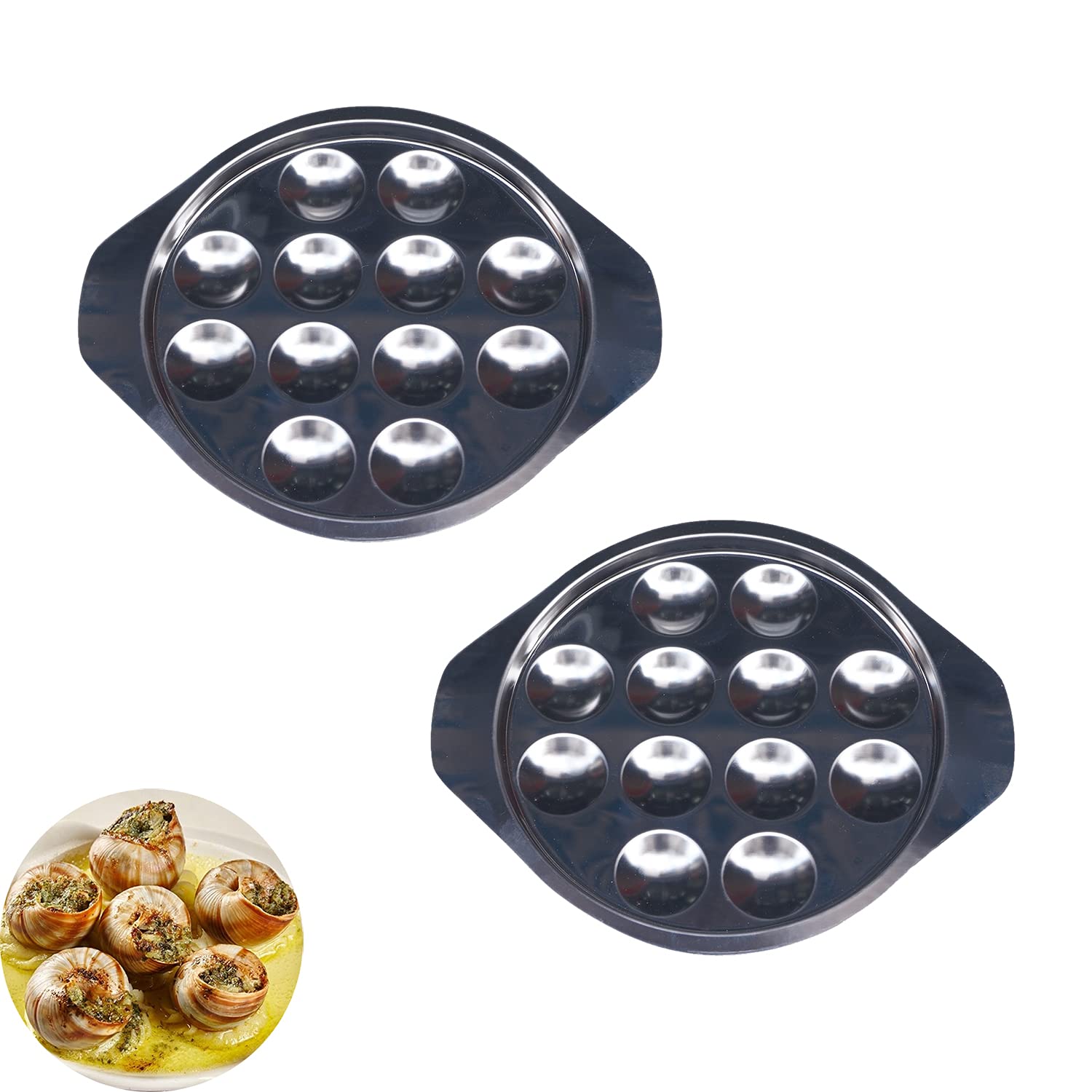 Proshopping 2 PCS Stainless Steel Snail Escargot Plate Set, Large Escargot Baking Dish Platter, Round Mushroom Escargot Serving Tray, French Escargot Grill Pan, 12 Holes - for Seafood (8.7 Inch)