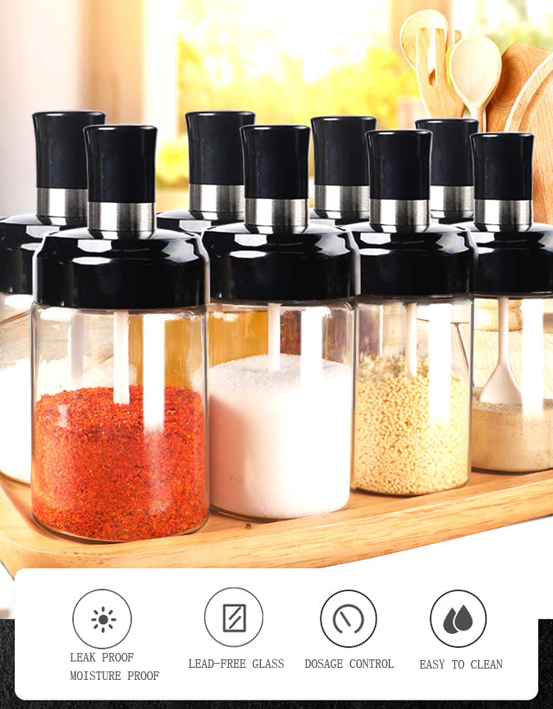 LOYUYU Kitchen Glass Spice Jars Seasonning Box Set of 4, Condiment Pots Spice Jars with Spoons, Oil Bottle Honey Jar Dispenser, Airtight Cap Transparent (8.45oz)